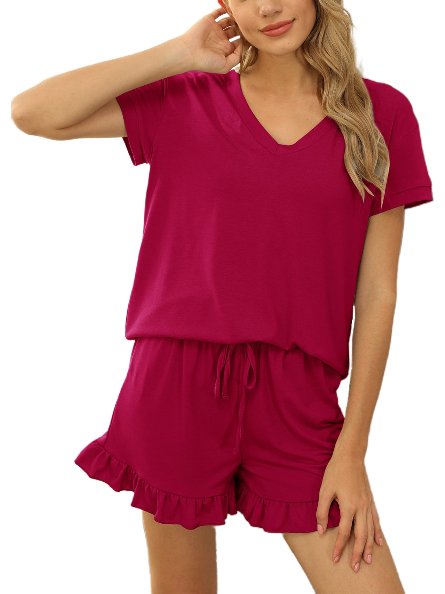 Hanerdun Women Sleepwear Pajamas Set 2PCS Drawstring Shorts with V-Neck ...