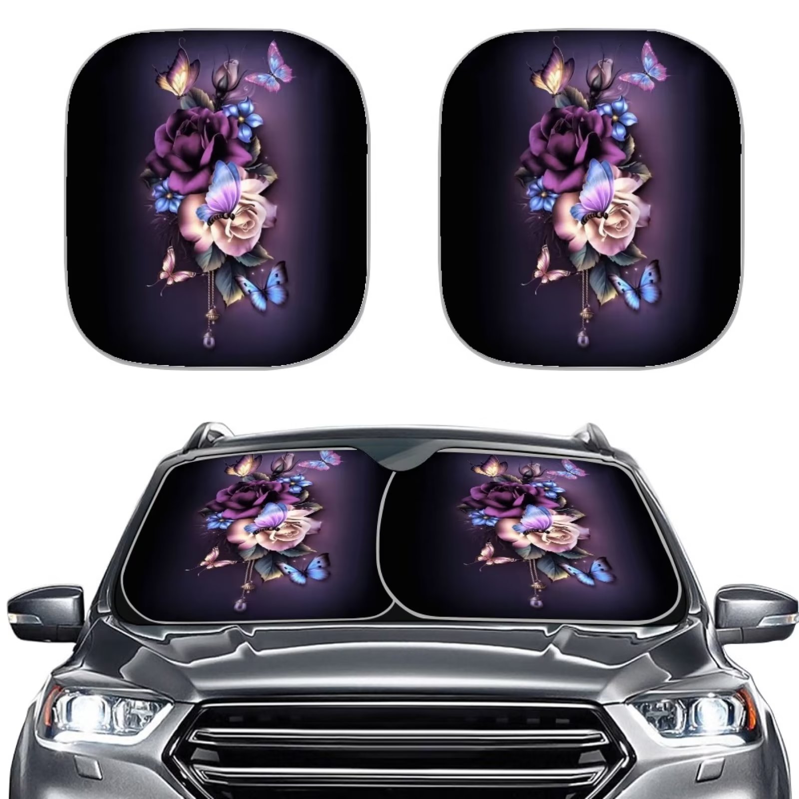 Diaonm Rose Butterfly Print Car Windshield Sun Shade Front Window ...