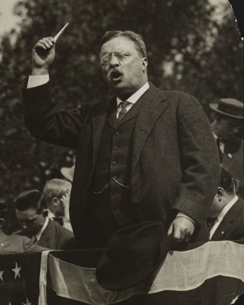 Print: Theodore Roosevelt Speaking From Flag Draped Platform, circa ...
