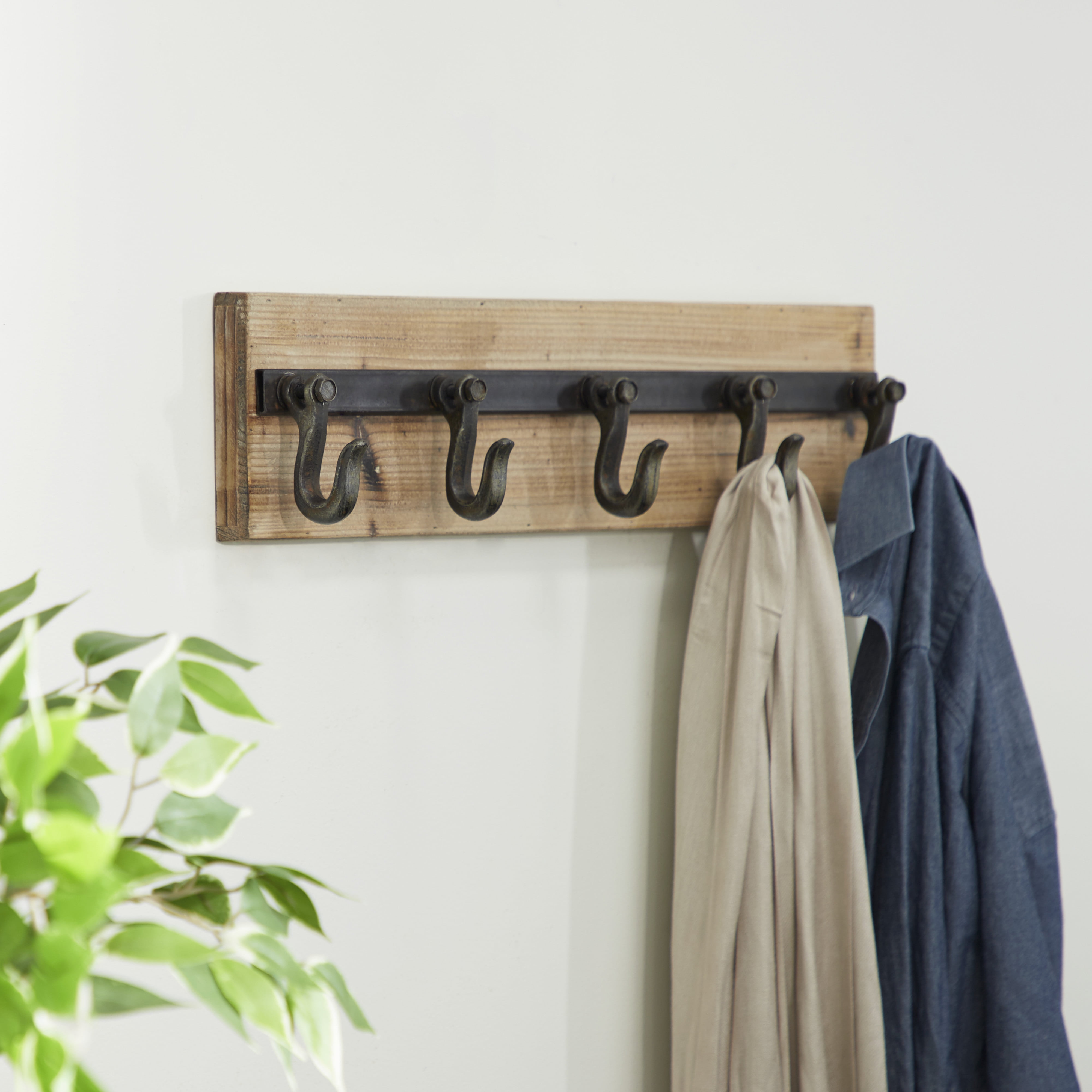 DecMode Wood Industrial Wall Black/Brown Hook Rack 24"W x 6"H with ...