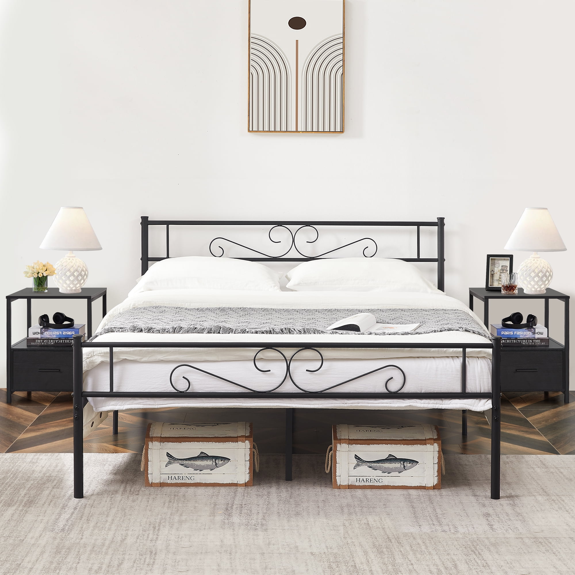 VECELO 3-Piece Bedroom Set with Full Bed Frame and 2 Black Nightstands ...
