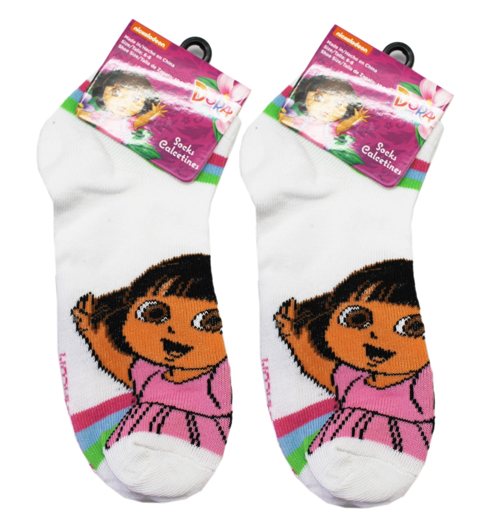 Dora the Explorer White/Rainbow Kids Socks (Size 6-8, 2 Pairs ...