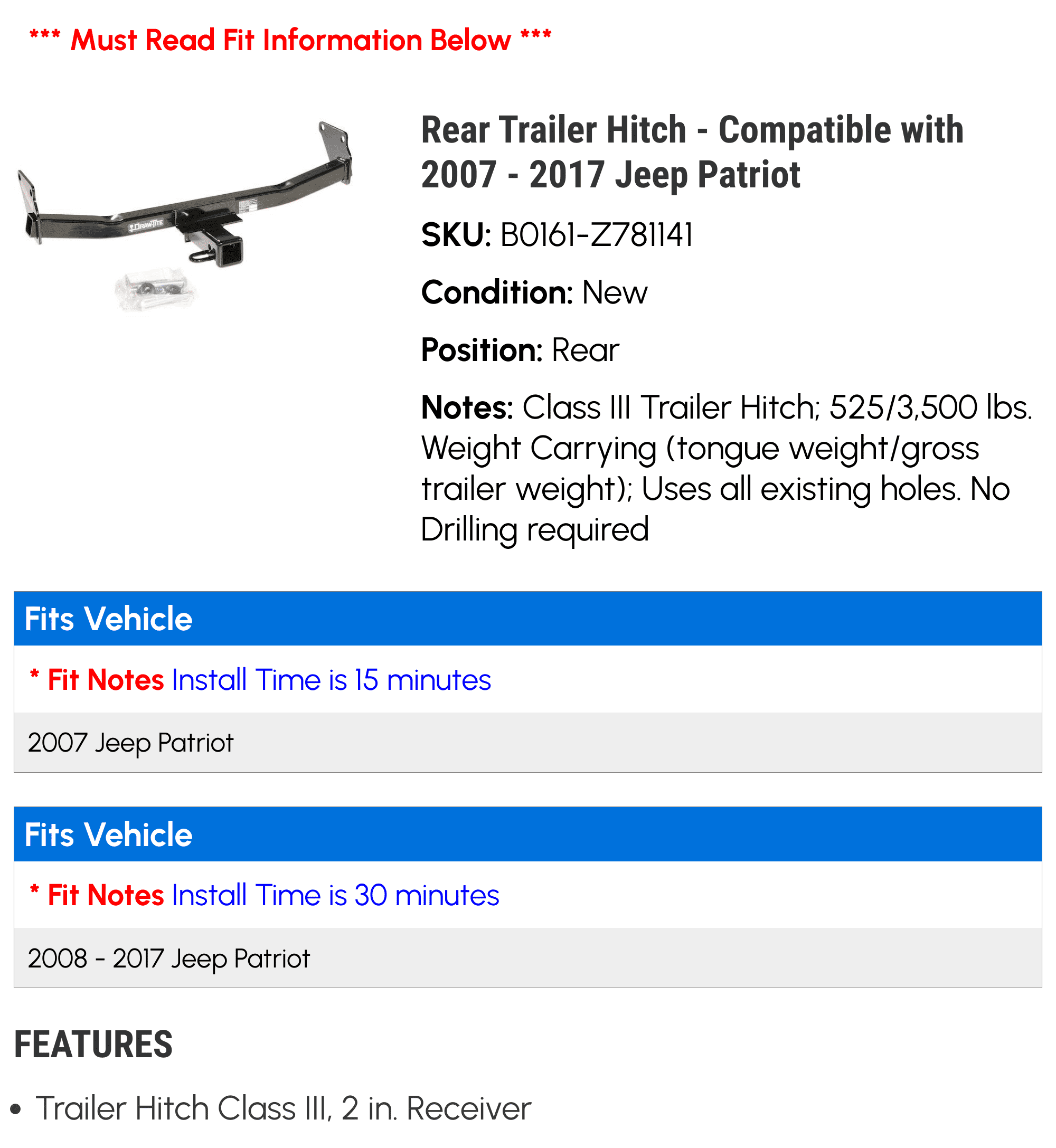 Dodge Caravan Trailer Hitch Class 3 Trailer Hitch Receiver (2" Tube ...