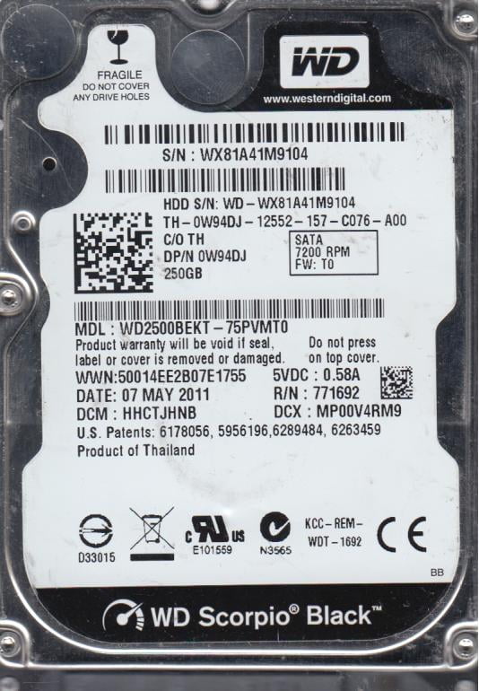 WD2500BEKT-75PVMT0, DCM HHCTJHNB, Western Digital 250GB SATA 2.5 Hard ...