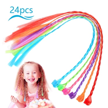 Powiller 24 Pcs Colorful Rainbow Hair Extensions for Kids, Braid-Ready ...