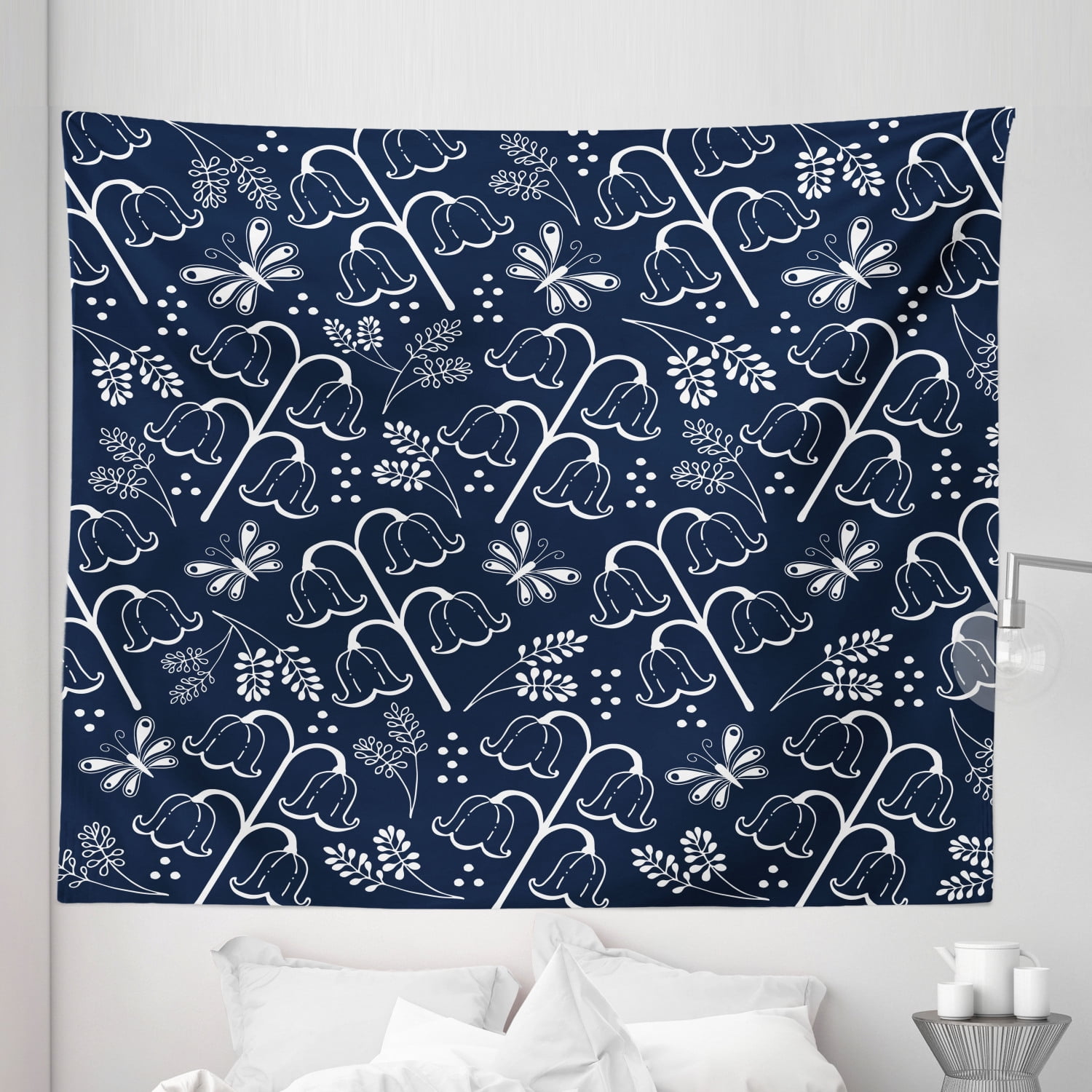 Flowers Tapestry, Tulip Bluebell Flower Pattern with Foliage Leaf ...