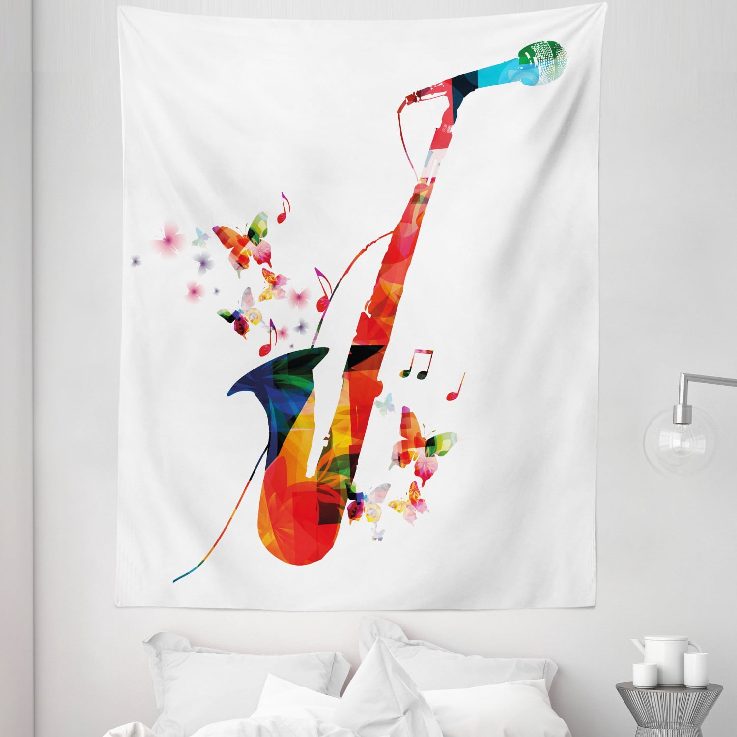 Music Tapestry, Jazz Theme Colorful Saxophone with Microphone with ...