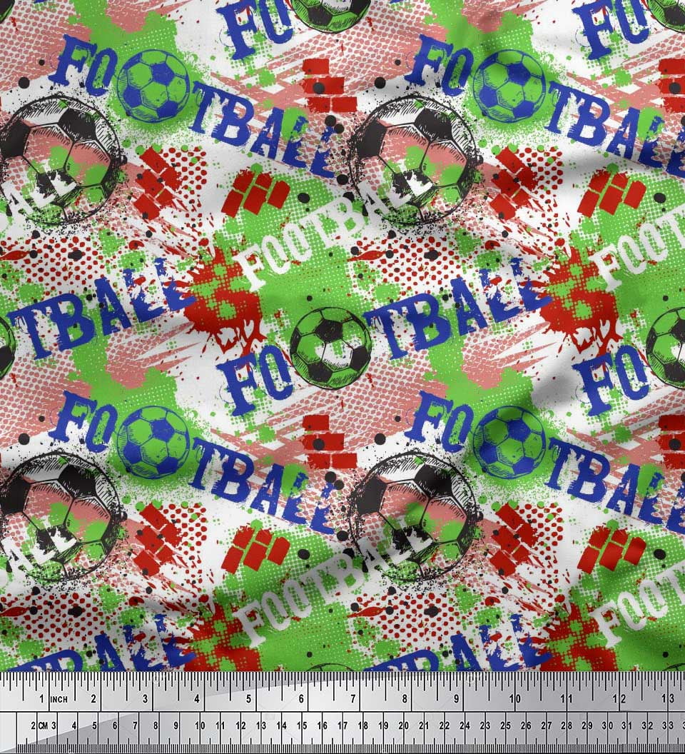 Soimoi Red Japan Crepe Satin Fabric Brush Stroke & Football Sports ...