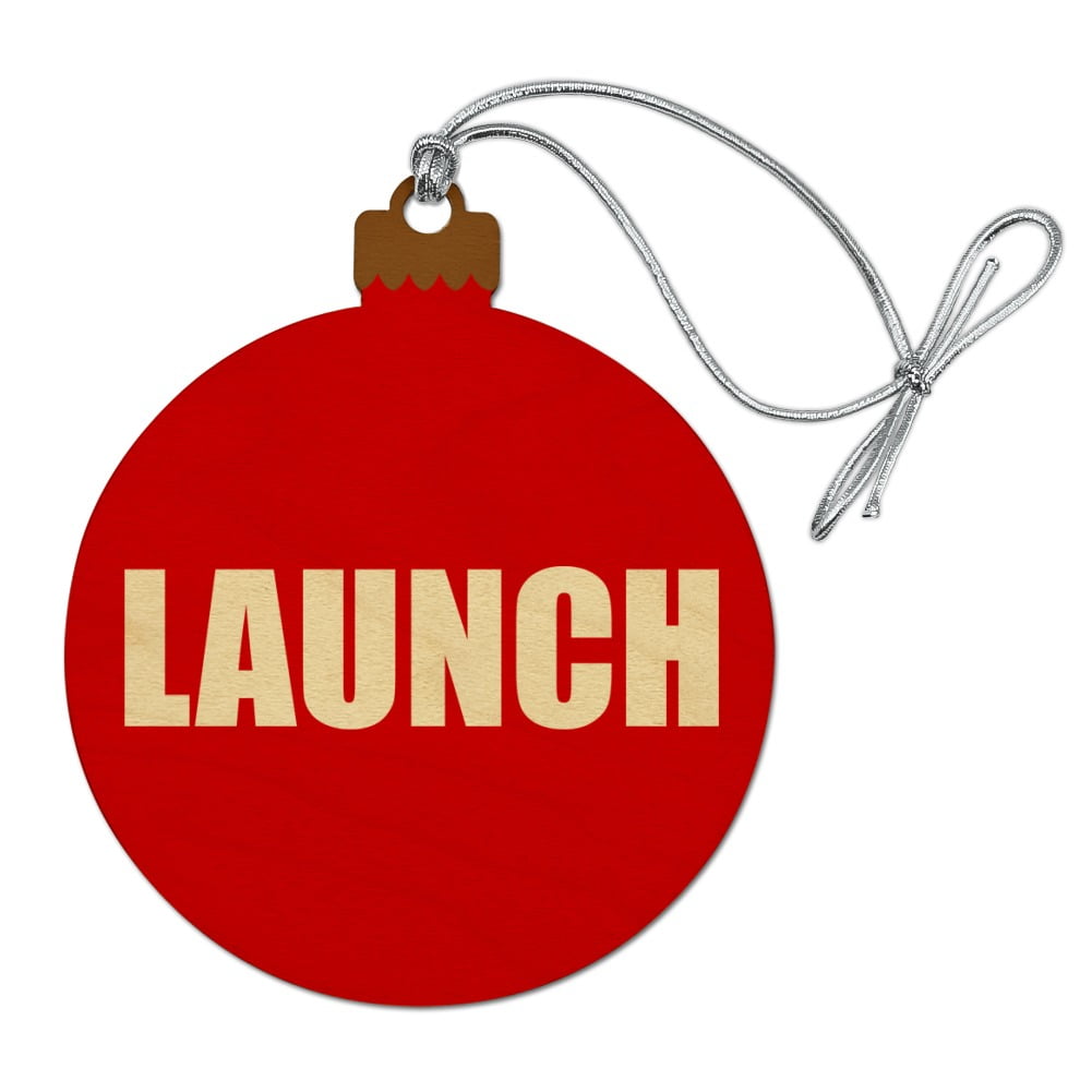 Red Launch Button Design Funny Wood Christmas Tree Holiday Ornament ...