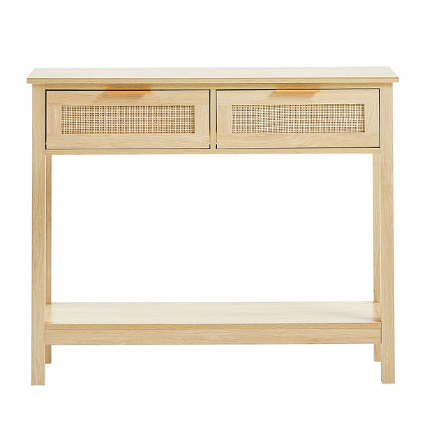 KFFKFF Wicker Console Table featuring Dual Storage Drawers, Wicker ...