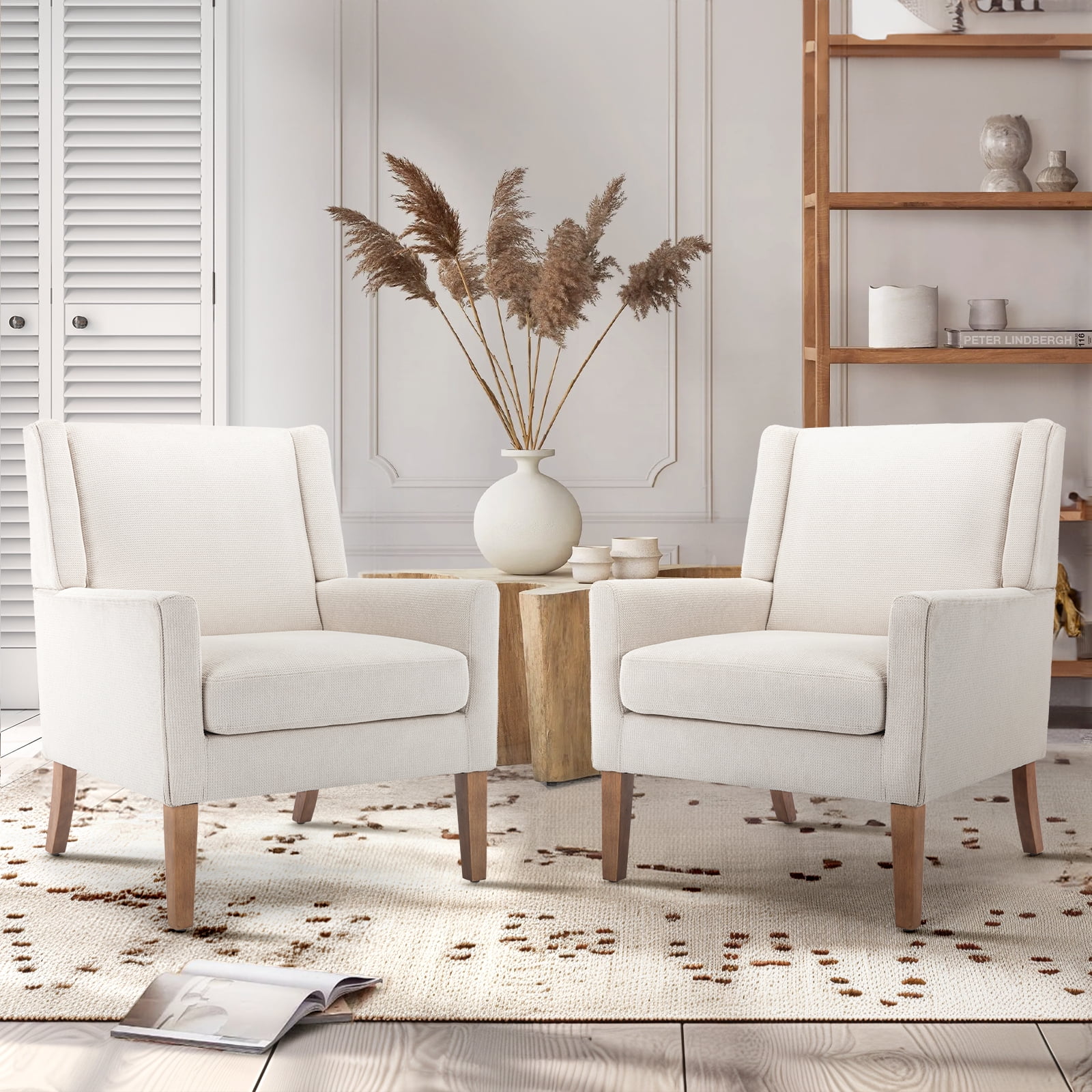 Malol Modern Accent Chair Set Of 2  Wingback Upholstered Fabric Armchair With Wood Legs  Mid-Century Chair For Living Room Bedroom  Beige Normal
