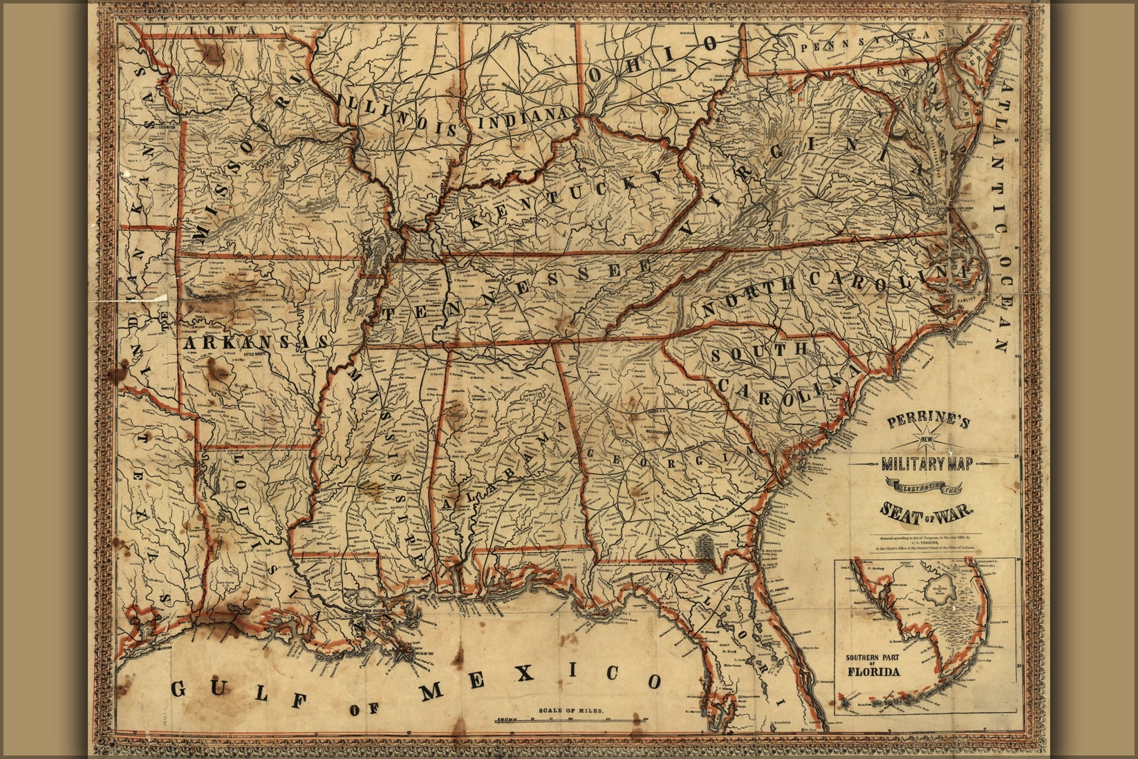 24"x36" Gallery Poster, civil war Map south United States of america ...