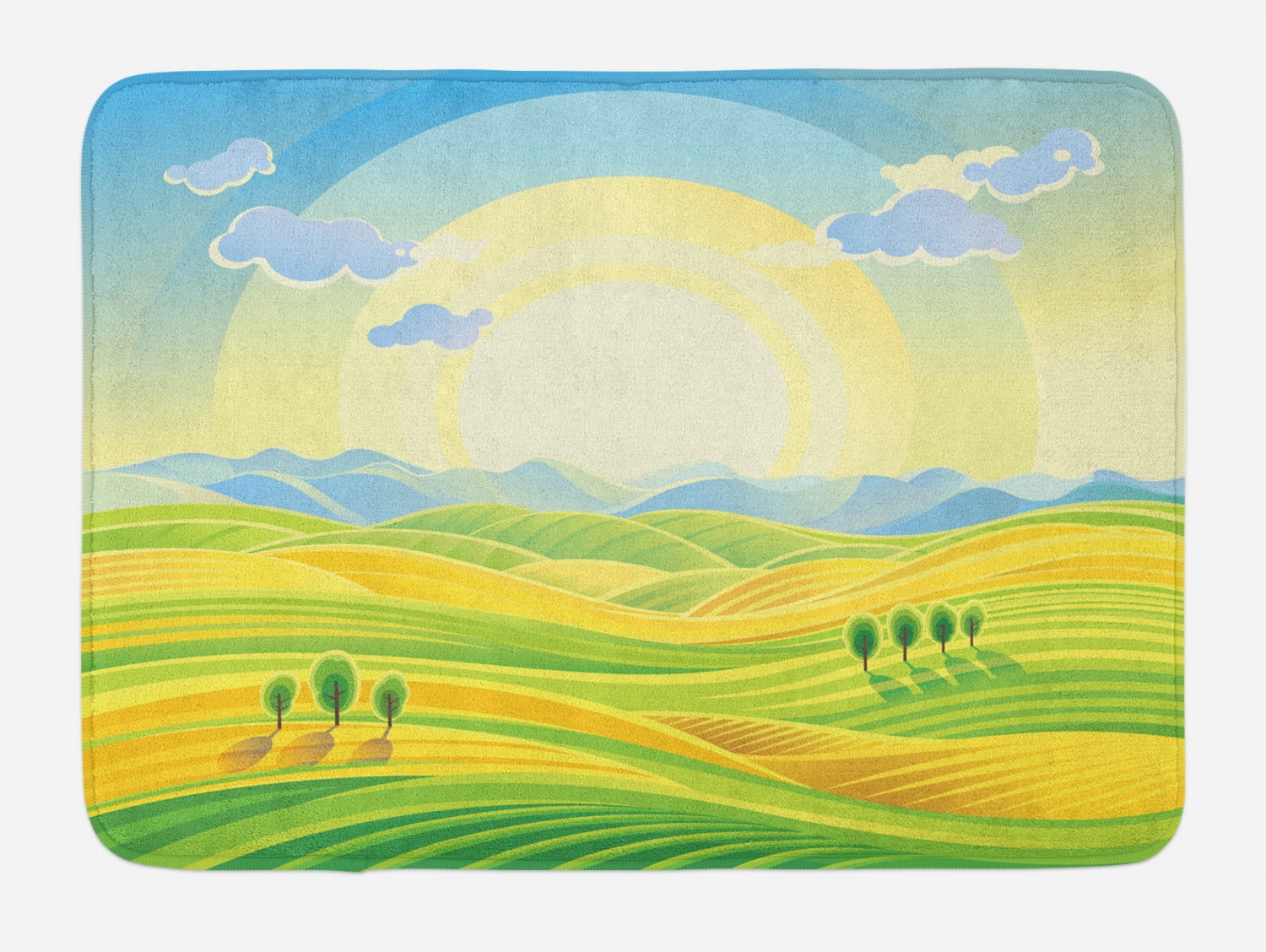 Country Bath Mat, Sunny Rural Landscape with Rolling Hills Fields in ...
