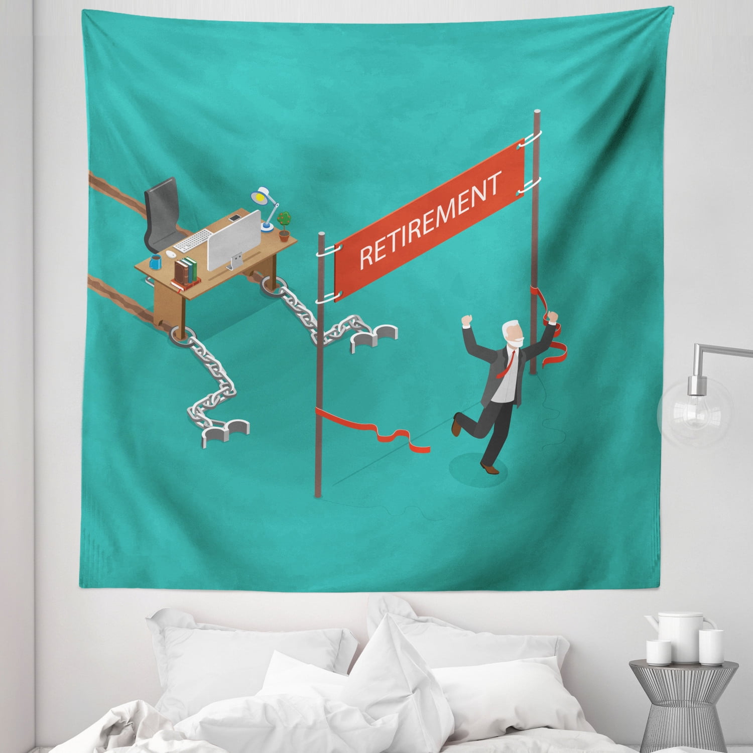 Retirement Tapestry, Senior Man Breaking Free from Office Desk Chain ...