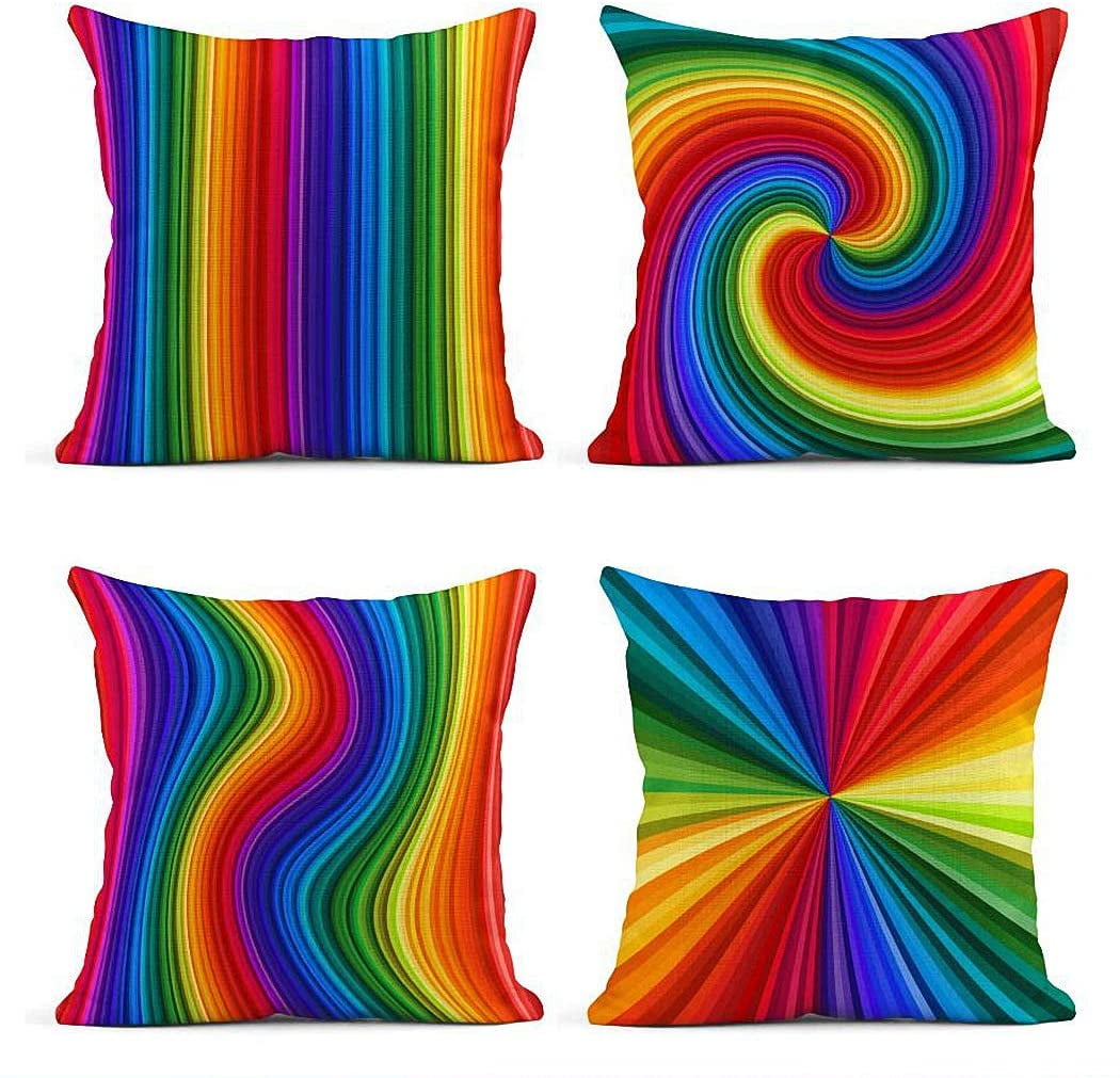 ECZJNT Set of 4 Pillow Cases Abstract Rainbow Colorful Line of Vivid ...