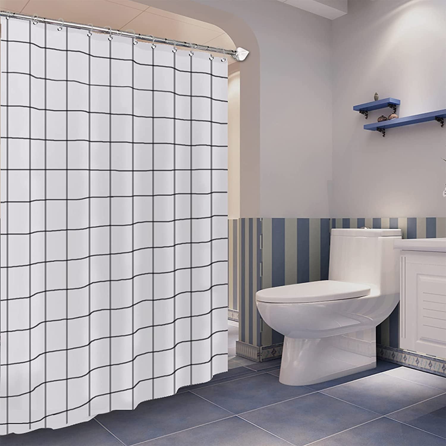 Bath Shower Curtain, White Grid Shower Curtain Set with 12 Hooks, 100% ...