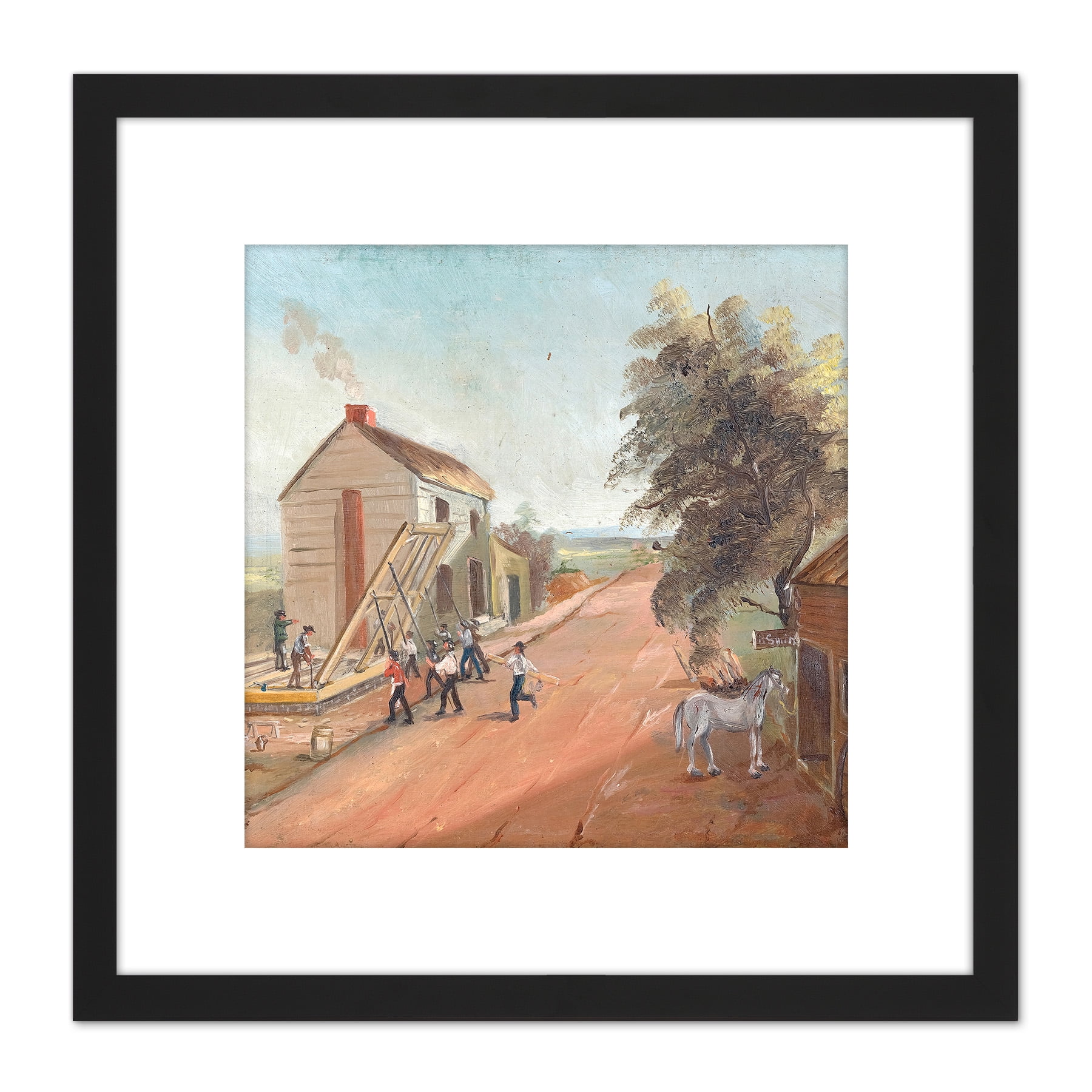 Chappel New York House Raising 1870 Manhattan Painting 8X8 Inch Square Wooden Framed Wall Art ...