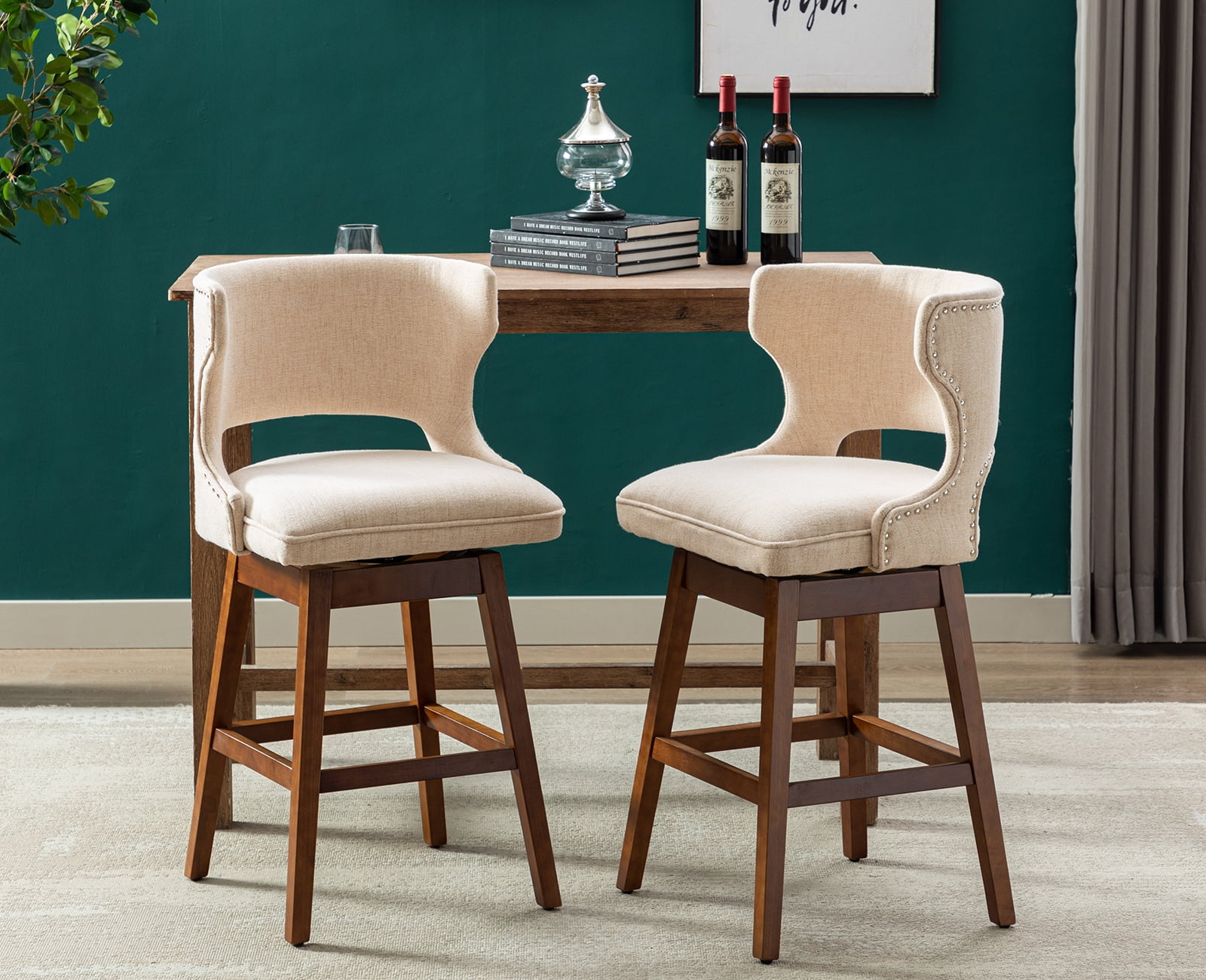 Guyou 26" Swivel Bar Stool Set of 2, Farmhouse Linen Upholstered Counter Height Bar Stools with ...