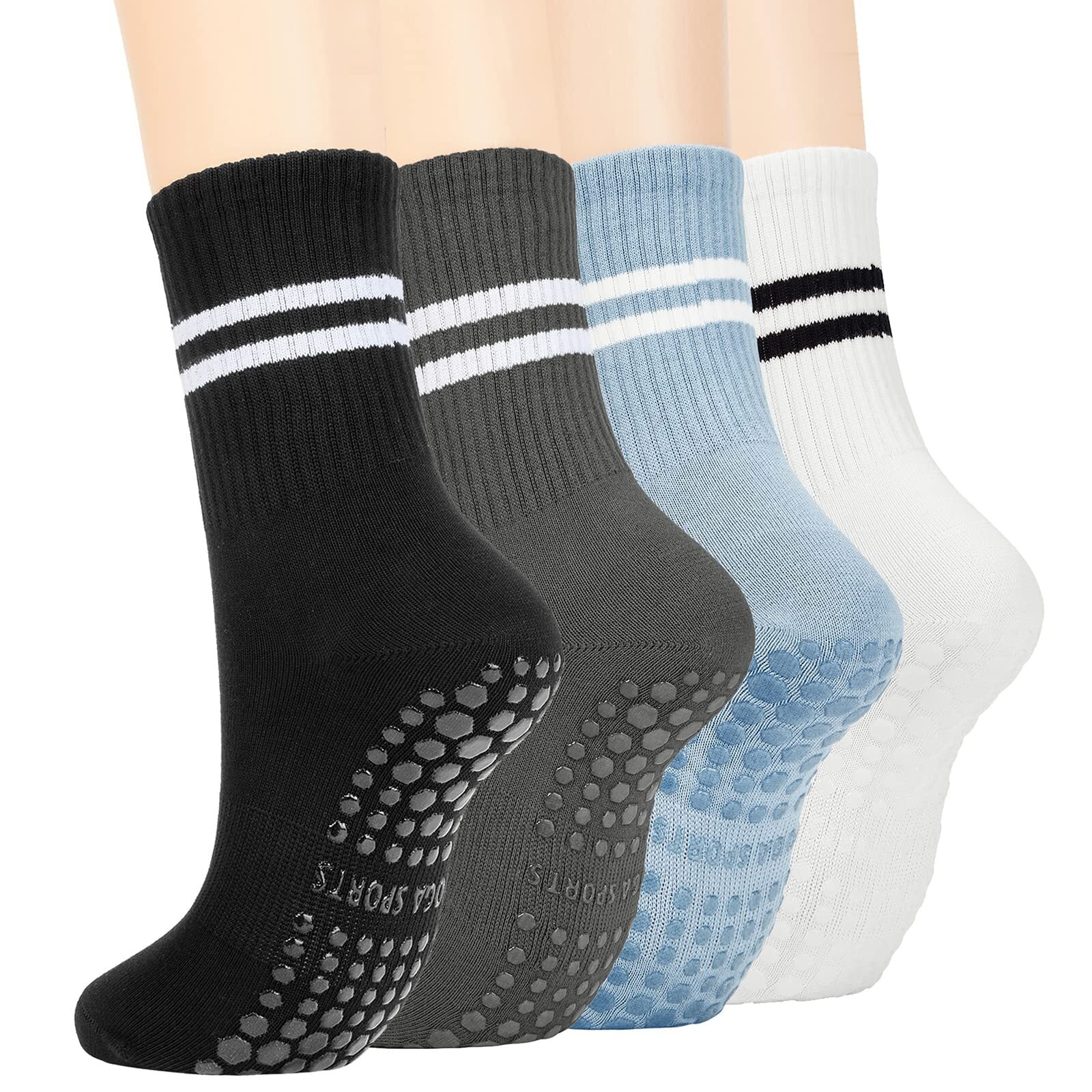 Zando 4 Pairs Long Pilates Grip Socks for Women Yoga Socks with Grips ...