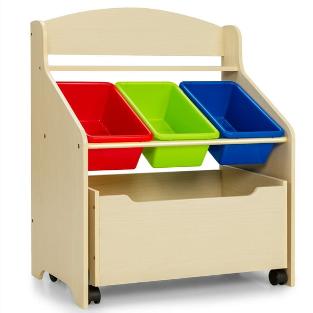 Costway Kids Wooden Toy Storage Unit Organizer w/Rolling Toy Box ...