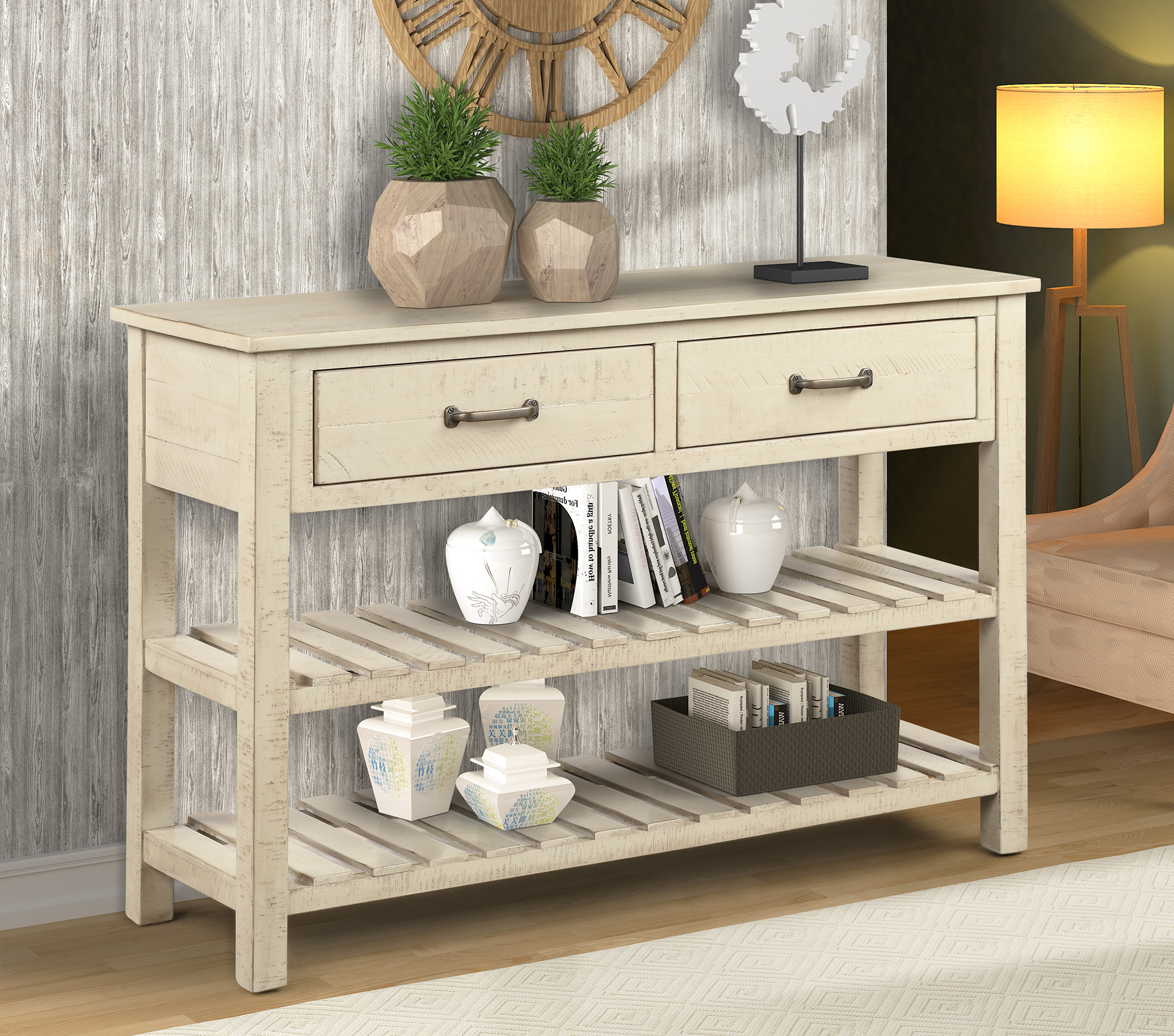 3 Tier Console Entryway Table with Bottom Storage Shelves and Drawers ...