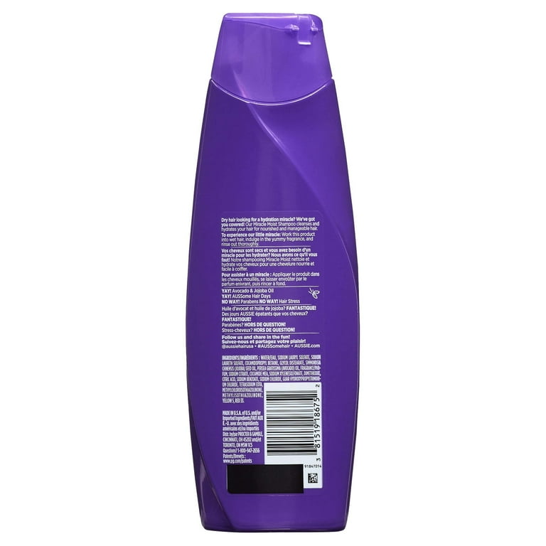 Aussie Miracle Moist Shampoo for All Hair Types with Avocado Moisturizing Paraben Free 12.1 fl oz Walmart