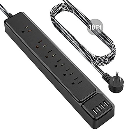 Flat Plug Power Bar, HICITY Surge Protector with 6 Outlets & 4 USB ...