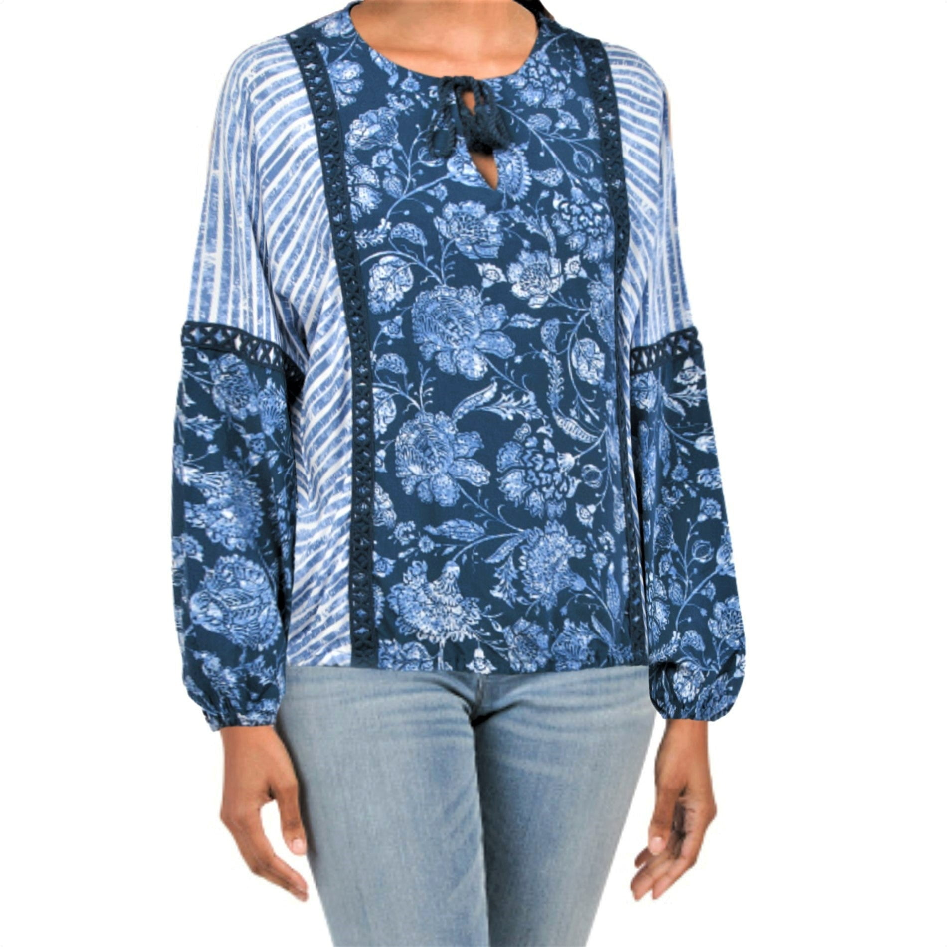 Spense Women's Boho Floral Print Crochet Detail Long Sleeve Blouse ...