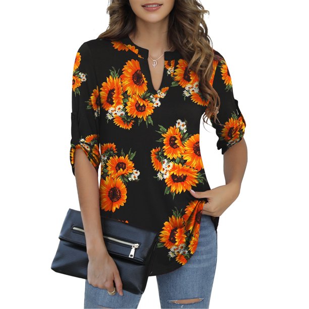 Letdiosto Womens Plus Size Shirts 3 4 Roll Sleeve V Neck Floral Flowy