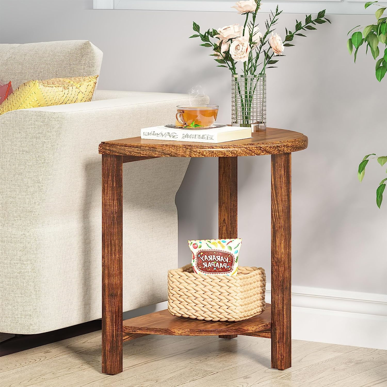 Tribesigns Sofa Side Table Half Moon, 2-Tier Narrow End Table with ...