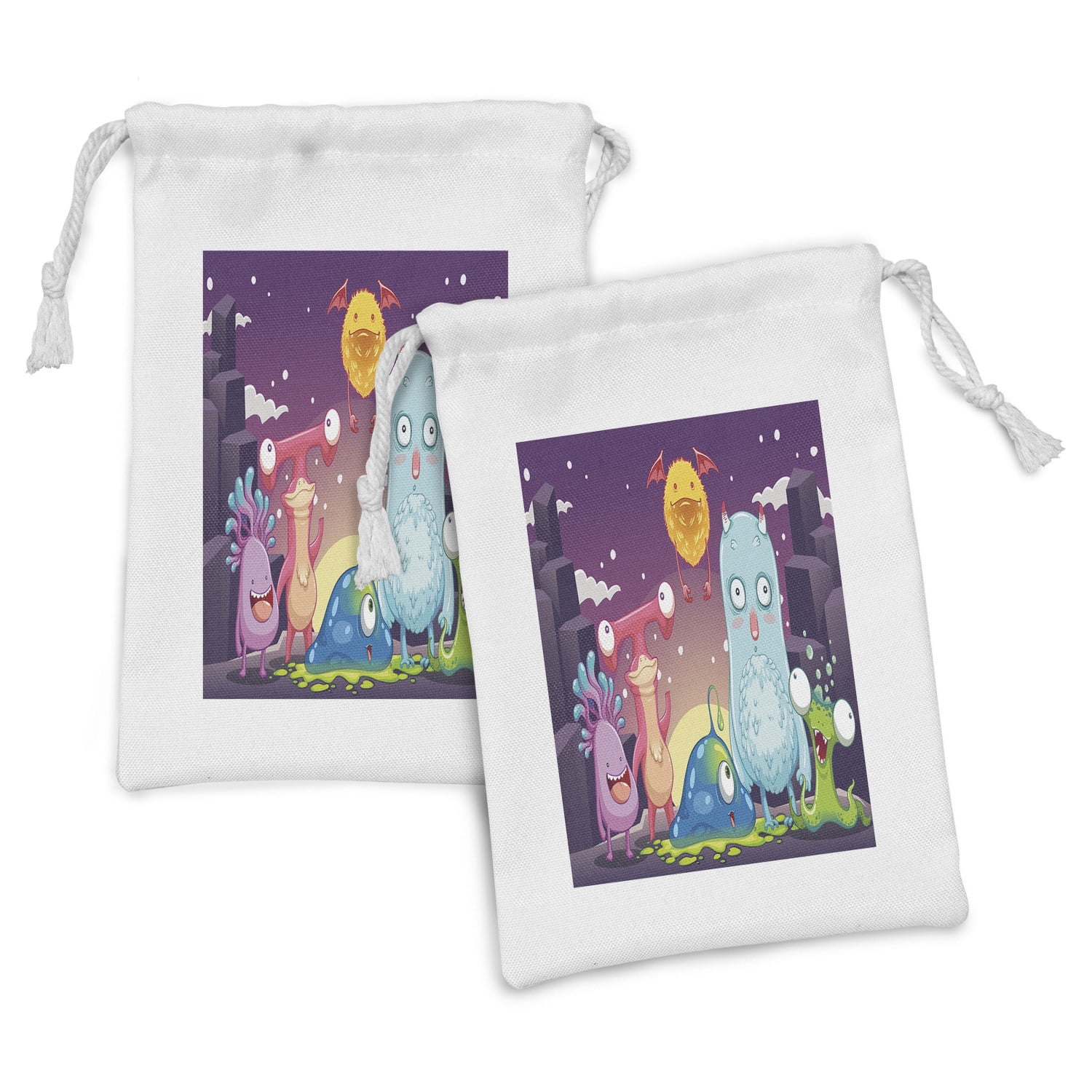 Alien Fabric Pouch Set of 2, Funky and Happy Monsters Illustration on a ...