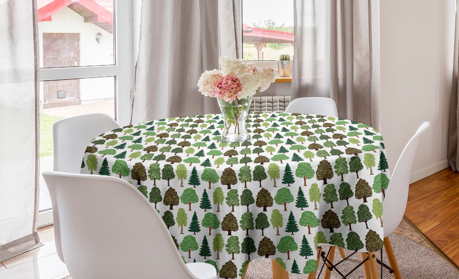 Forest Round Tablecloth, Hand Drawn Tree Foliage Woodland Ecology Maple ...