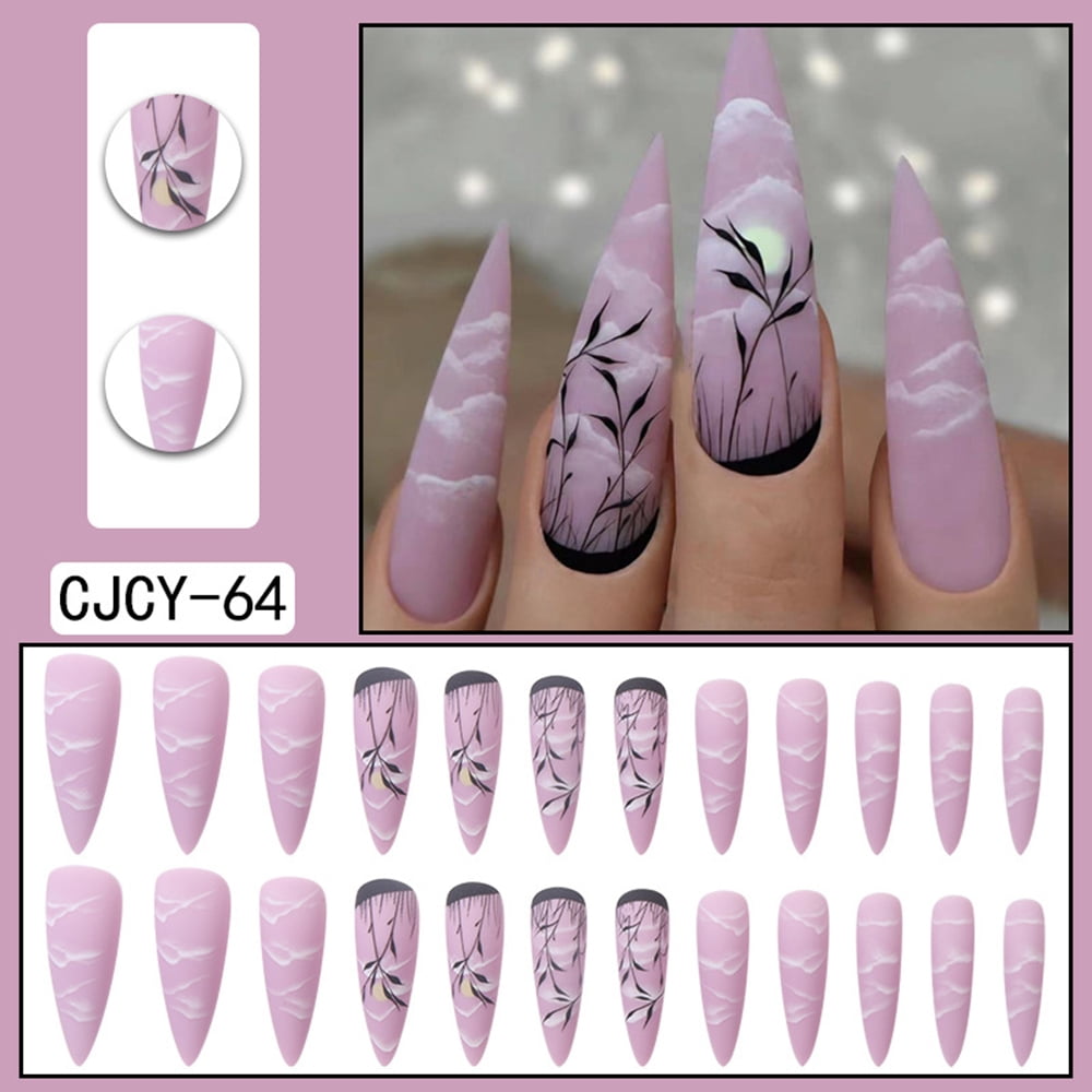 24Pcs Glossy False Nails Dark Night Long Pointed Fake Nails for Women ...