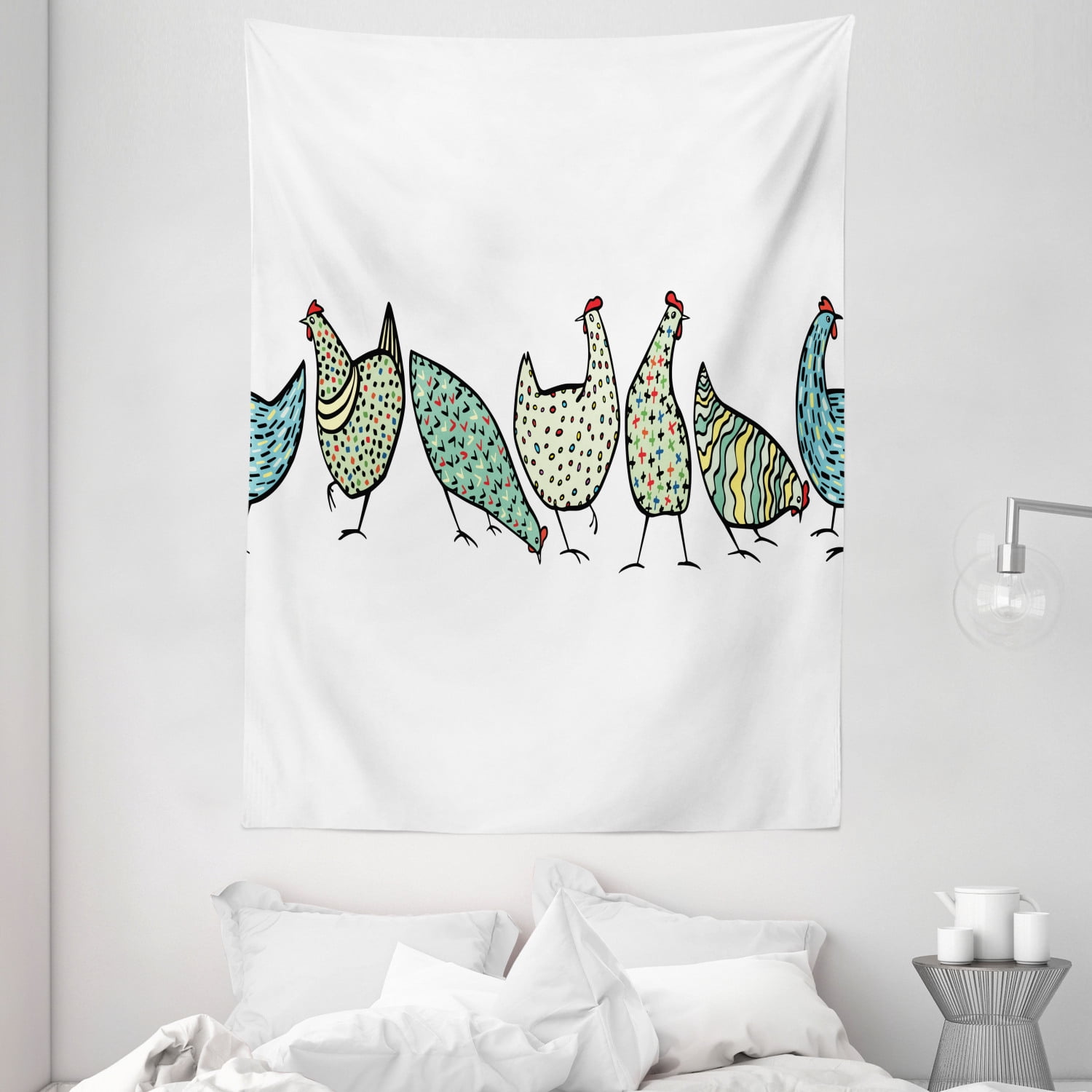 Chicken Tapestry, Farm Animals in Ornamental Geometric Childish Poultry ...