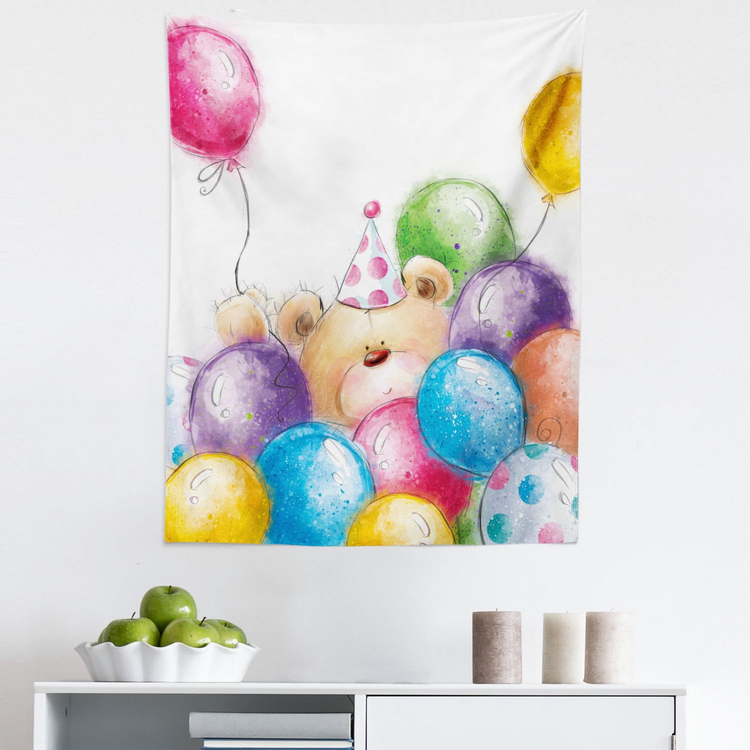 Birthday Tapestry, Hand Drawn Style Design Teddy Bear Toy and Colorful ...