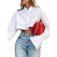 Roaso Women's Asymmetrical Crop Top Long Sleeve Blouse Button up Shirt ...