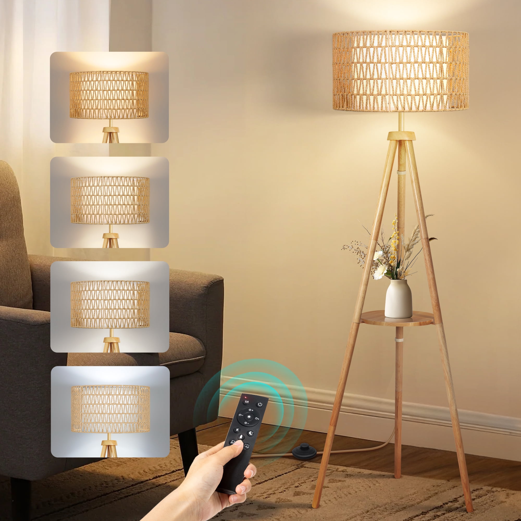 Click here for Outon Boho Rattan Tripod Floor Lamp With Shelves... prices