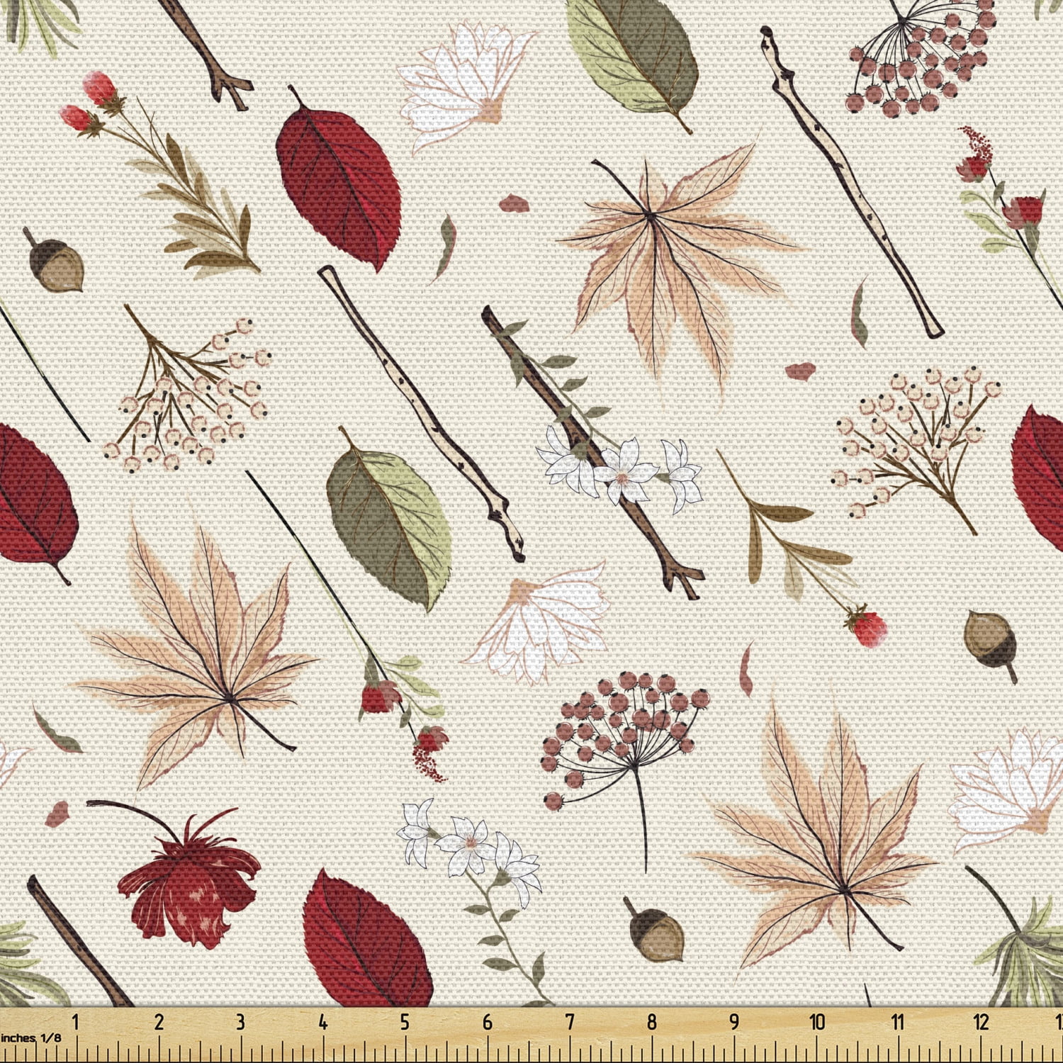 Autumn Fabric by the Yard, Botanical Themed Continuous Flowers Leaves ...