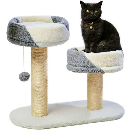 2 Tier Cat Tree Platforms with Scratching Posts, Sherpa Perch Style Bed ...