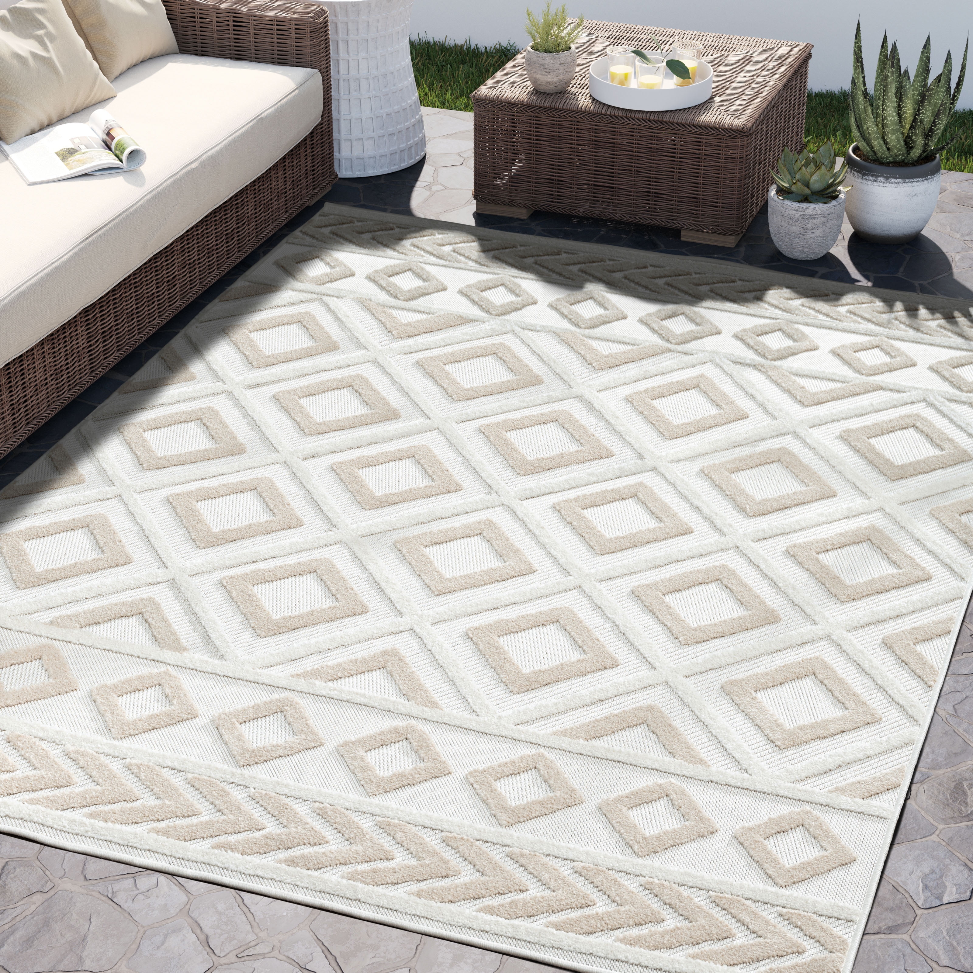 Abani Dusk Collection Beige 6' x 9' Diamonds Indoor/Outdoor Area Rug ...