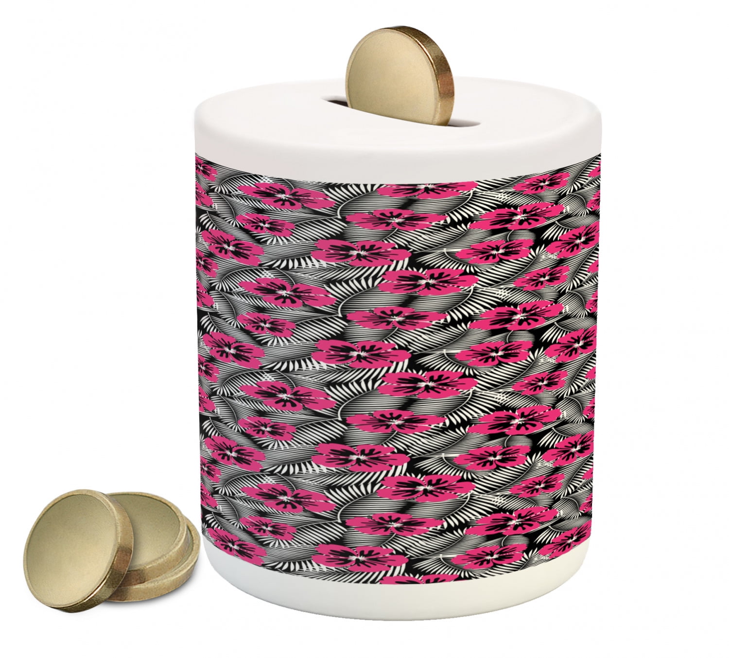 Luau Piggy Bank, Hibiscus Petals over Minimalist Style Leaves Botanical ...
