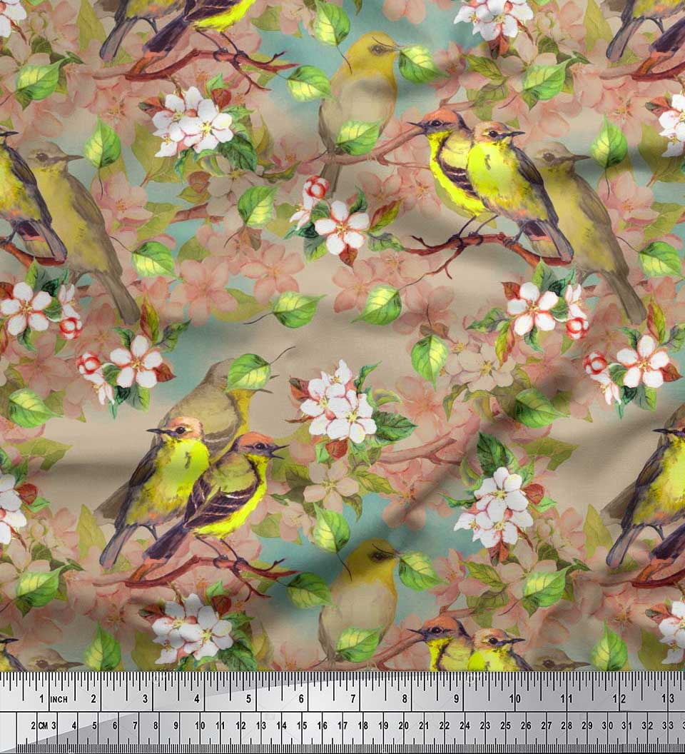 Soimoi Brown Satin Silk Fabric Leaves,Peach Floral & American Robin ...