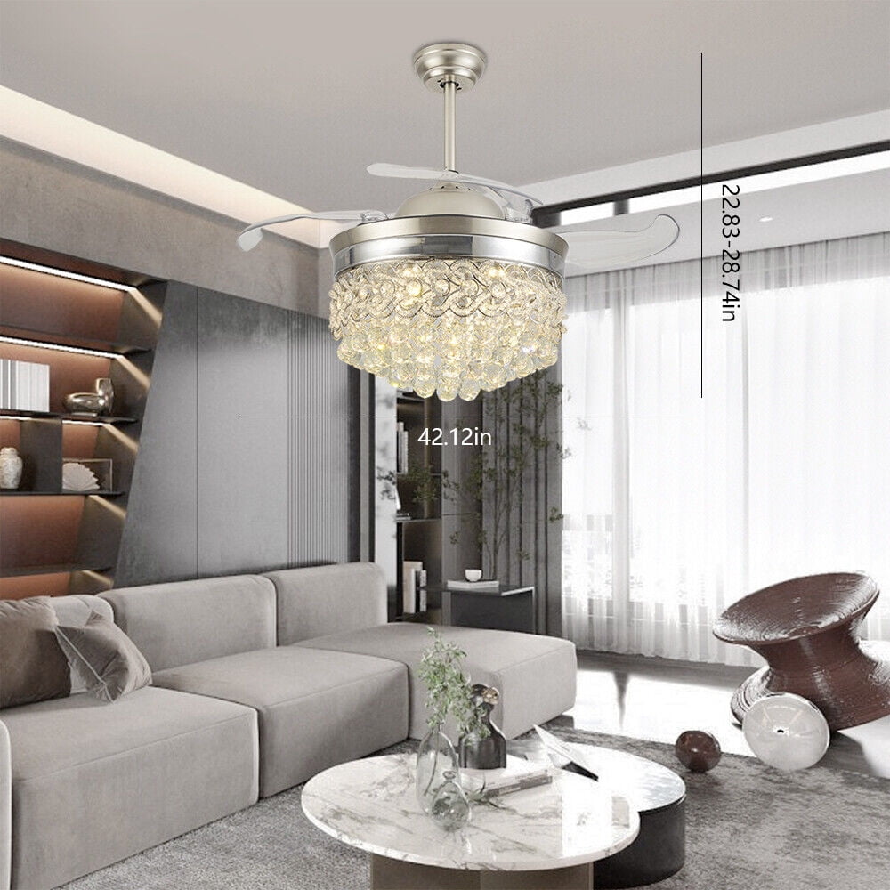 42"Modern LED Crystal Ceiling Fan With Light 4 Retractable Blades ...