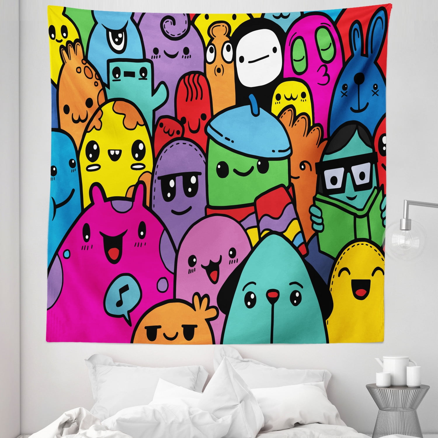 Indie Tapestry, Hand Drawn Colorful Doodle of Funny Crazy Monster ...