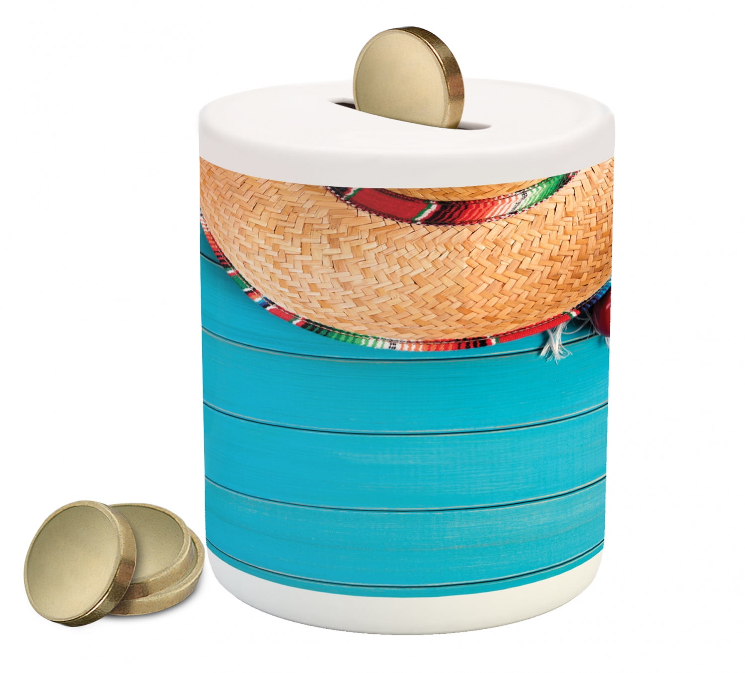 Mexican Piggy Bank, Native Latin Elements Sombrero and Maracas on Wood ...