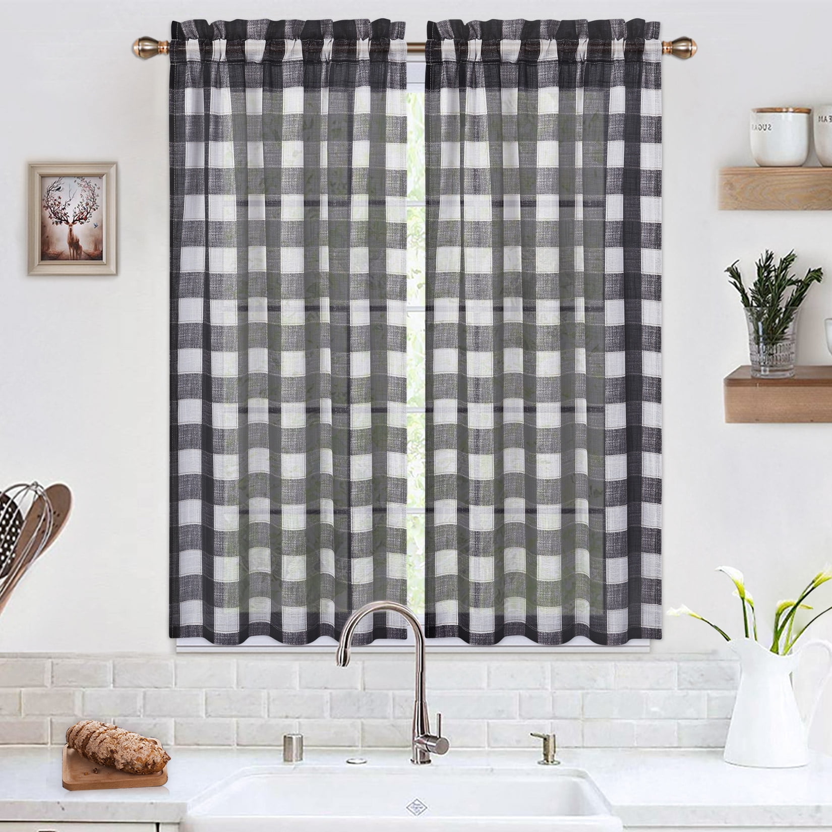 Haperlare Sheer Curtains 45 inches Long Farmhouse Plaid Check Kitchen ...