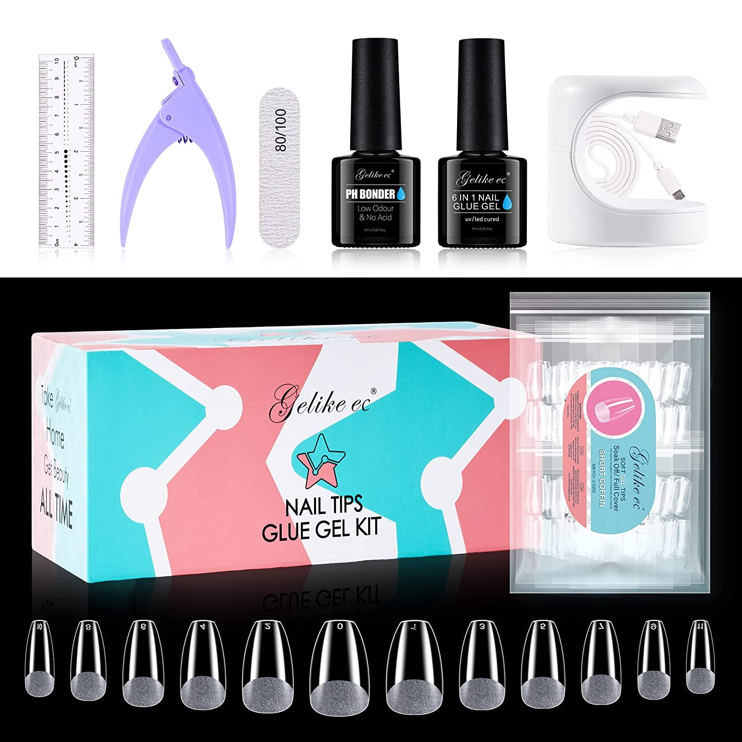 Gelike Ec 528pcs Short Coffin Nail Tips And Glue Gel Nail Kit 6 In 1