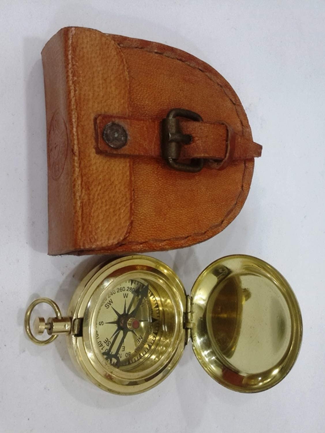 Vintage Push Button Brass Compass Brown Leather Case Nautical Collect ...