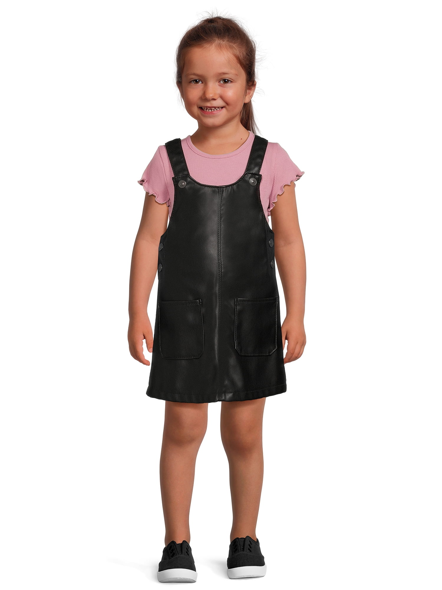 Wonder Nation Baby and Toddler Girls Faux Leather Jumper Dress, Sizes ...