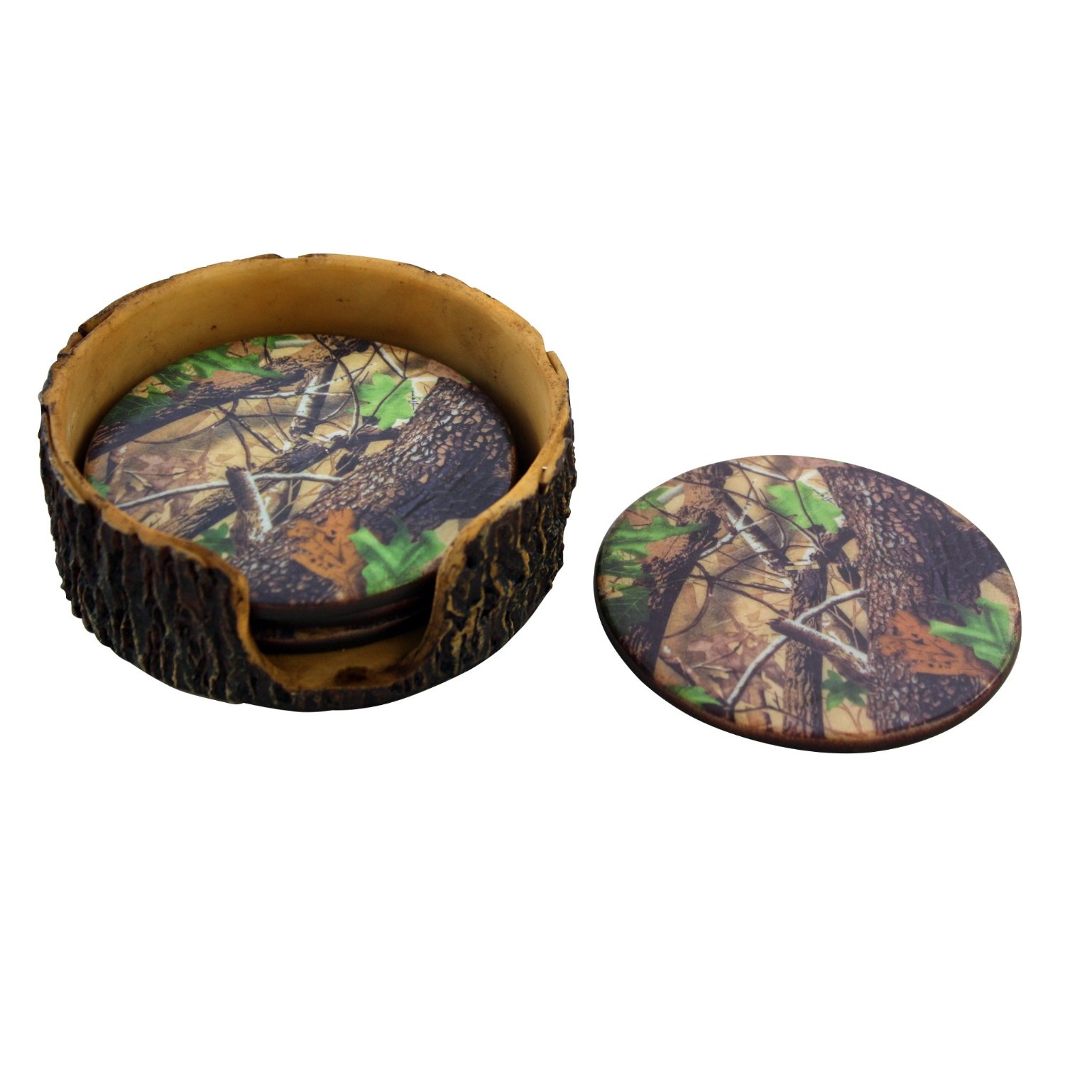 Pine Ridge Green Camouflage 4pc Coaster Set and Tree Trunk Holder Drink ...